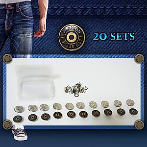 20 Sets Replacement Jean Buttons, 17mm Combo Copper Tack Buttons Replacement Kit with Rivets and Metal Base in Plastic Storage Box