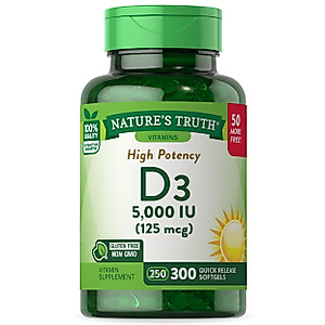 Vitamin D3 5000 IU | 300 Softgels | High Potency Vitamin D | Non-GMO and Gluten Free Supplement | by Nature's Truth