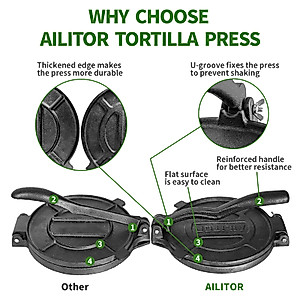 AILITOR Cast Iron Tortilla Press 8 Inch - Taco Press and Tortilla Maker Press, Heavy Duty Tortilla Press Cast Iron, Prensa para Tortillas, Tortilladora, Pataconera Press with 100 Pcs Parchment Paper