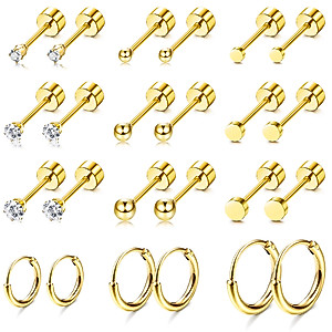 FASACCO Small Tiny Stud Flat Back Earring Hypoallergenic Gold Studs 14K Surgical Steel Earring Sets for Multiple Piercing Cartilage Hoop Earrings
