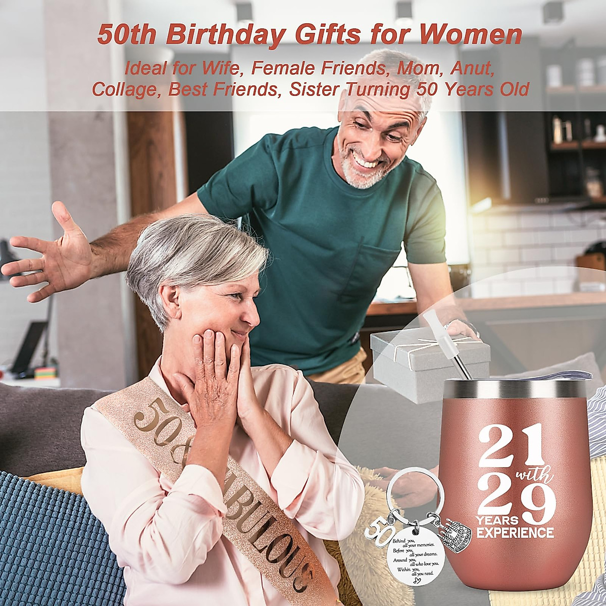 LiqCool 50th Birthday Gifts for Women, 21 with 29 Years Experience Wine Tumbler, 50 Year Old Gifts for Women, 12 Oz Birthday Tumbler Gifts Set for Best Friends, Mom, Sister, Wife, Aunt Turning 50