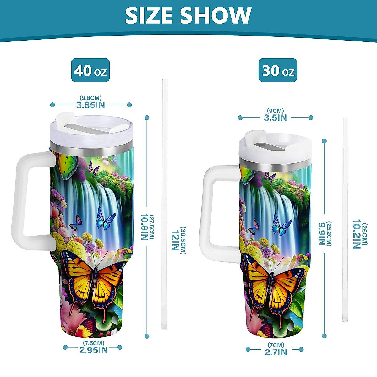 ODAWA 40 Oz Butterflies Floral Landscape Tumbler Cups with Handle and Straw, 2 in 1 Lid Insulated Stainless Steel Insulated Tumblers