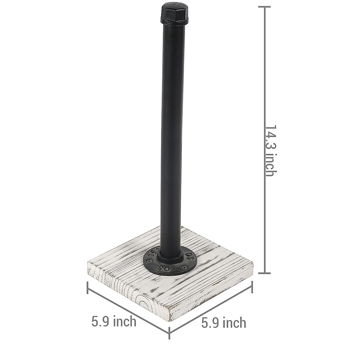 MyGift Industrial Black Metal Pipe Paper Towel Holder Countertop Bathroom Paper Towel Holder Stand with Vintage White Solid Wood Base