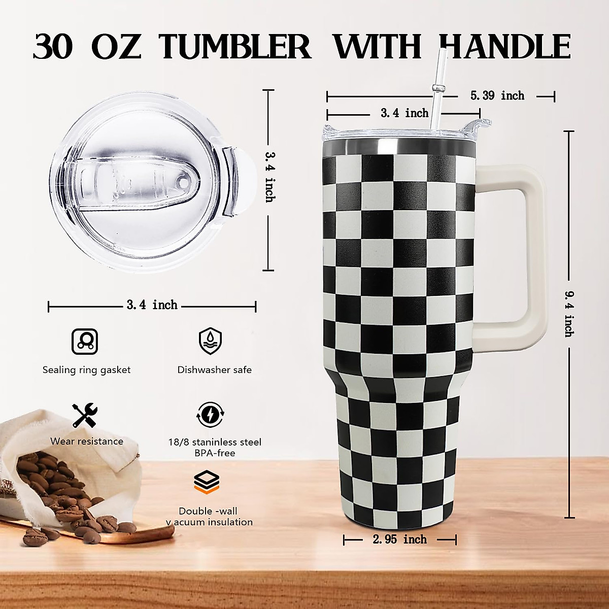 30 Oz Checkered Tumbler with Handle Lid and Straw, Checkered Tumbler Water Bottle Travel Coffee Cup Mug,Checkered Gifts for Women Men