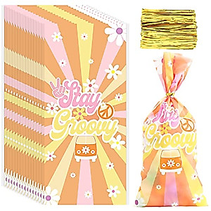 100 Pcs Groovy Boho Party Favor Bags Two Groovy Cellophane Retro Goody Treat Bag Hippie Decorations Daisy Groovy Birthday Party Plastic Bags with 150 Pcs Gold Twist Ties for 60's 70's Hippie Party