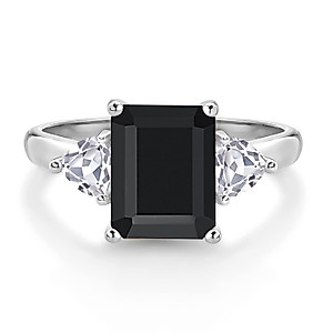 Gem Stone King 10K White Gold Black Onyx and White Created Sapphire 3-Stone Engagement Ring | 2.74 Cttw | Emerald Cut 9X7MM | 3 Stone Wedding Anniversary Promise Ring For Women (Size 8)