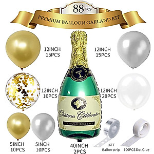 88 PCS Champagne Bottle Balloon Garland Arch Kit, Happy New Year Years Decorations, Gold Silver Clear Balloons for Birthday Wedding Baby Shower Bachelorette Anniversary Party Decorations