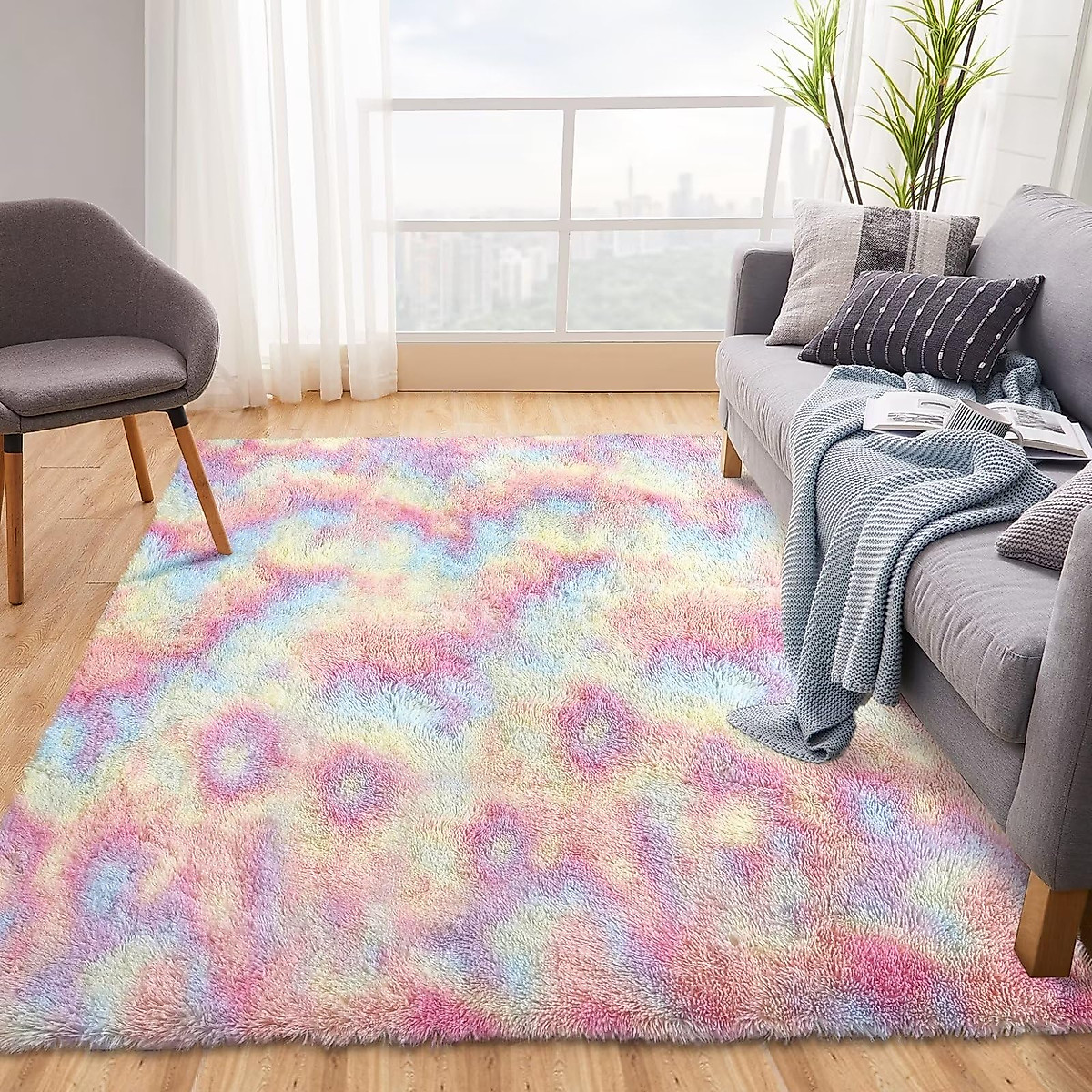 COZYLOOM Area Rug 9x12 Soft Fluffy Rainbow Kids Rug Luxury Fuzzy Shag Rug for Girls Room Bedroom Modern Indoor Plush Thick Non-Slip Shaggy Rug for Living Room Nursery Cute Carpet Tie-Dyed Yellow Pink
