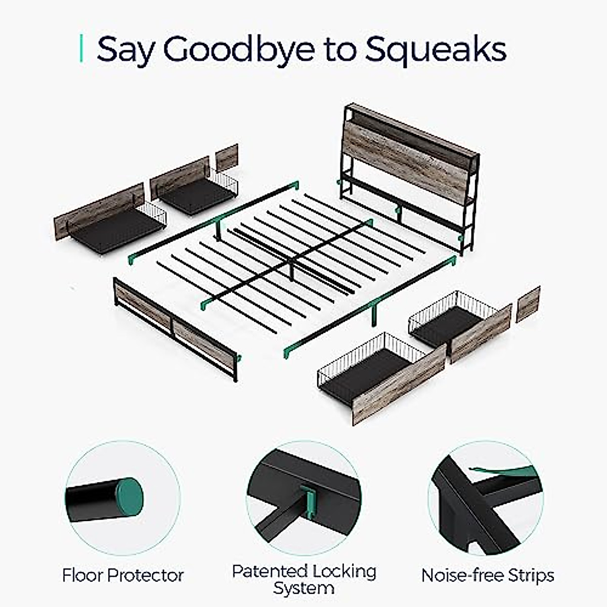 LINSY Queen Bed Frame with 4 Drawers & Headboard, Bed Frame with RGB Lights & Fast Charger, Fast Assembly Bed Frame Queen Size with Storage, No Box Spring Needed, Greige