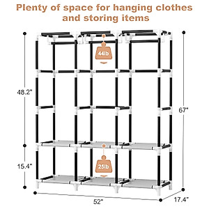 VTRIN Portable Closet, Wardrobe Closet for Hanging Clothes Closet with Cover, 3 Hanging rods, 6 Storage Shelves and Side Pockets, Diameter 19mm Metal Pipe, Free Standing Closet for Bedroom