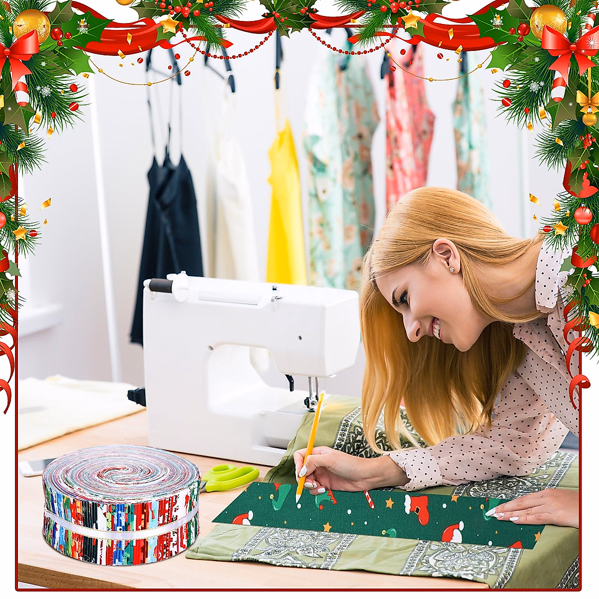 Ganeen 150 Pcs 2.56 Inch Winter Christmas Fabric Roll Snowflake Snowman Quilting Fabric Roll Patchwork Fabric Quilting Strips Xmas Tree Printed Sewing Fabric for DIY Crafts