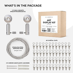 Art Display for Kids Artwork - 10ft Alloy Steel Wire with 48 Clips | Willow & Eva