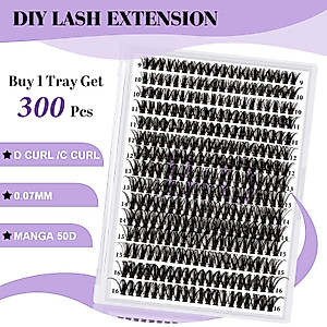 B&Q Manga Lash Clusters DIY Individual Lashes 50D-0.07D-9-16MIX 300 PCS False Eyelash Cluster Manga Lashes Cluster 30D 40D 50D D Curl Lash Clusters DIY lash Extensions at Home (50D-0.07D,9-16MIX)