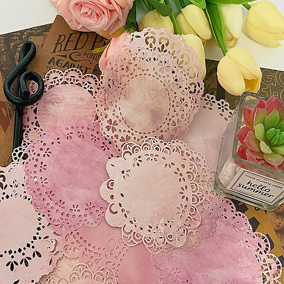 120 Pcs Lace Paper Decoupage Paper Round Lace Paper Lace Table Doilies for Aesthetic Journals Junk Journal Planners Vintage Journaling Supplies Crafts（A）