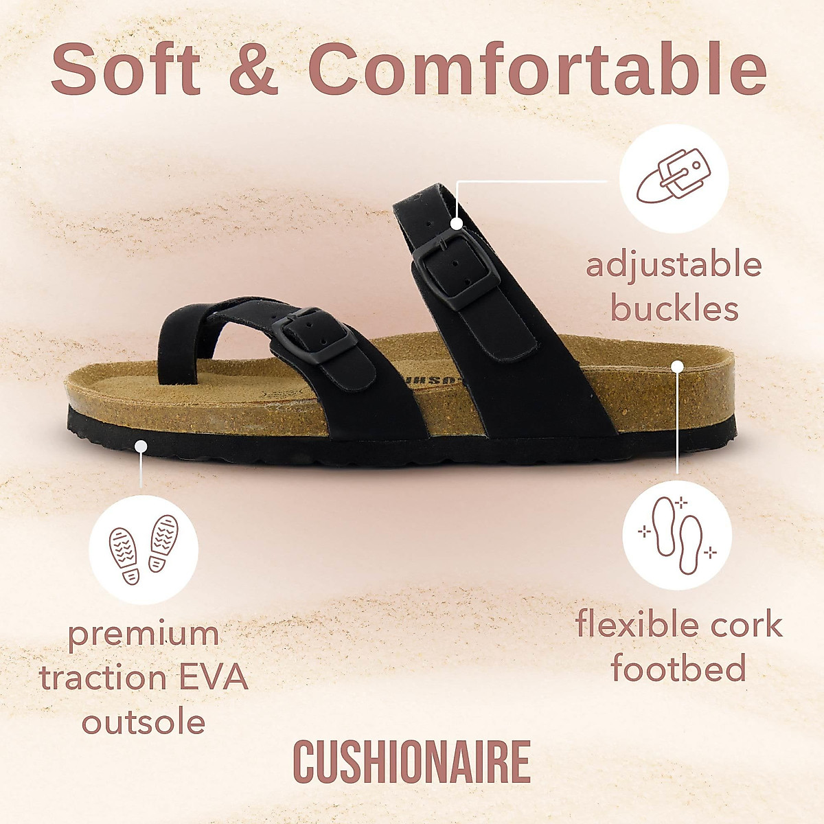 CUSHIONAIRE Luna Cork Footbed Women's Sandals - Comfortable Slip-On Slides with Adjustable Straps & Memory Foam for All-Day Wear | Beach Essential Summer Sandals for Women 2025, BLACK 9