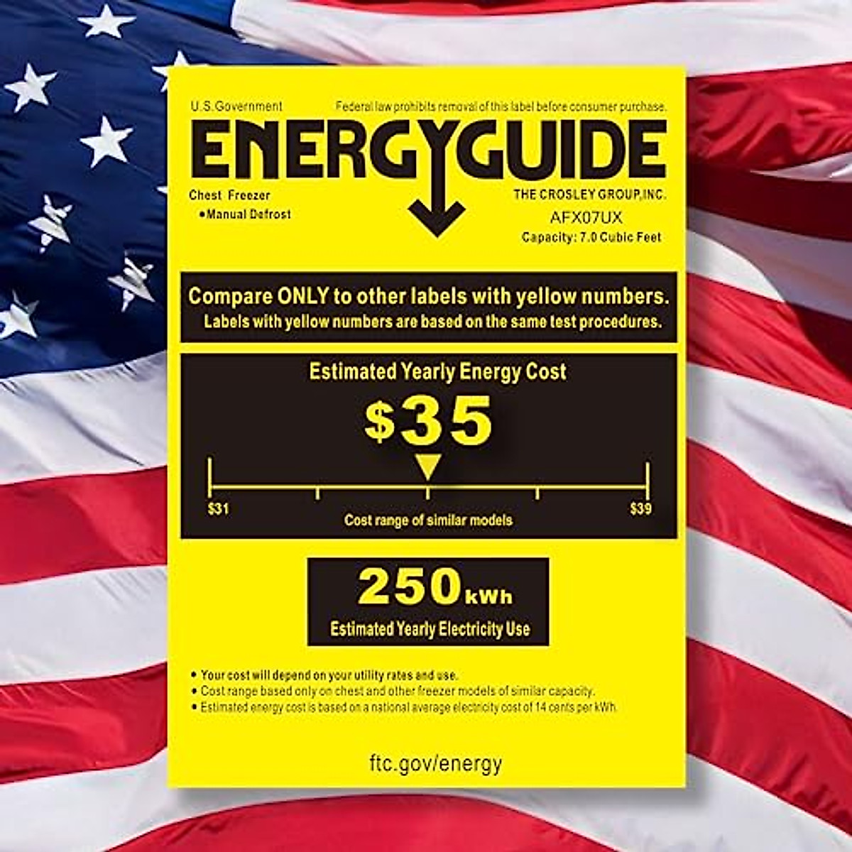 Crosley American Tribute 7cf Mini Deep Chest Freezer: Small & compact w/USA flag bunting outside lid. The best 4 garage, apartment, dorm, bar, bedroom, ice cream, frozen food & big family meat packs