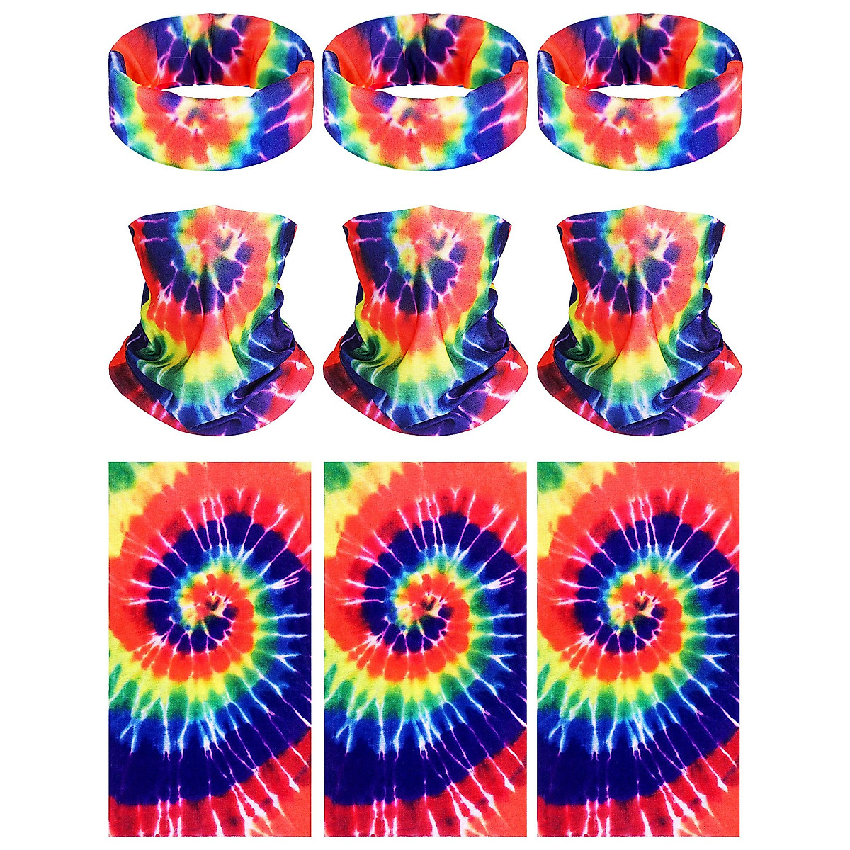 9 Pieces Hippie Tie Dye Bandana Headband Hippie Costume Set Hippie Non Slip Head Tie Hippie Neck Gaiter Gay Pride Rainbow Sun Protection Face Mask Balaclava for 60s 70s Hippie Accessories