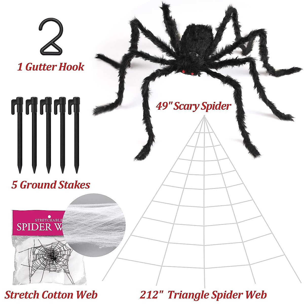 EZIGO Halloween Spider Decorations 3PCS Giant Spider Huge Spider Web Stretch Web Component of Huge Spider and Mega Spider Web Halloween Party Supplies Yard Halloween Outdoor Décor Haunted Decoration