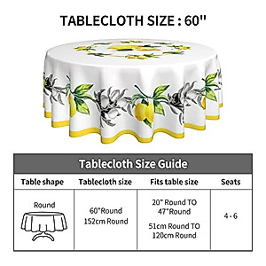 Yellow Lemon Round Tablecloths, Summer Circular Table Cover Washable Polyester for BBQ, Buffet Table, Parties, Holiday Dinner 60 Inch