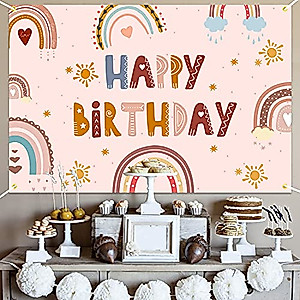 Boho Rainbow Happy Birthday Backdrop Banner Pink Bohemian Sunshine Theme Background Decorations for Women Girls Baby Shower Photography Party Sign Decor Supplies