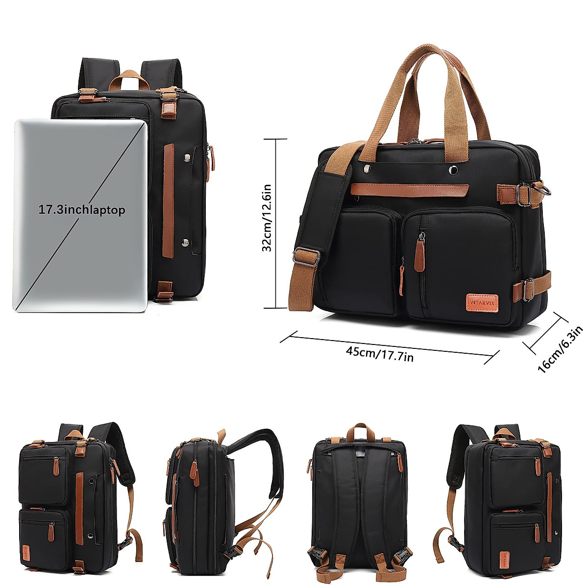 VITARVIX 3 in 1 Laptop Backpack, 17.3 Inch Laptop Bag Messenger Bag Shoulder Bag for Men/Women, Water-Proof Briefcase Multi-functional Notebook Computer Bag for Travel Business School, Black