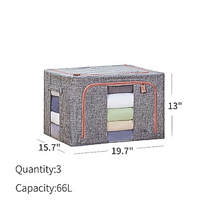 3 Pack Clothes Storage Bags - 66L Foldable Stainless steel Frame Storage Box - Stackable Linen Fabric Container Organizer Set with Carrying Handles and Clear Window With sturdy zipper ( 19.7x15.7x13inch）