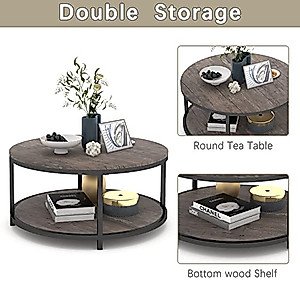 NSdirect 36 inch Round Coffee Table,Coffee Table for Living Room,2-Tier Rustic Wood Desktop & Sturdy Metal Legs Table Modern Design Home Furniture with Storage Shelf (Light Walnut)