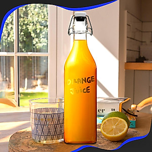 Nevlers 33 Oz Square Swing Top Glass Bottles with Lids for Juicing | Limoncello Bottles | 6 Pack Glass Airtight Bottle | Flip Top Glass Bottle With Stopper | Mead & Beer Brewing Bottles with Caps