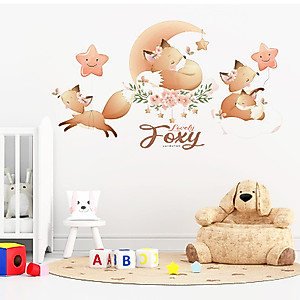 Cute Little Fox with Flower Wall Stickers, Cartoon Animal Wall Stickers, Removable DIY Wall Decor Vinyl Mural Art for Kids Baby Nursery Bedroom Living Room Playroom Decoration