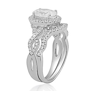 Jewelili Halo Bridal Ring in Sterling Silver with Oval and Round Shape Cubic Zirconia, Size 7