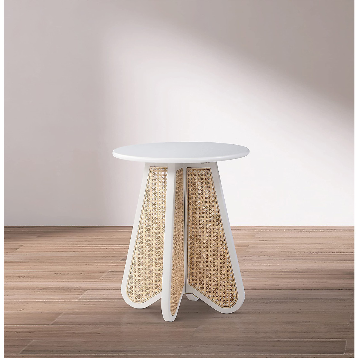 Meridian Furniture 208White-ET Butterfly Collection Mid-Century Modern End Table with Solid Wood White Finish, Oak Veneer Top, Natural Cane, 20" W x 20" D x 22" H, White