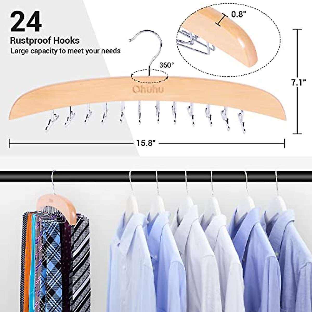 Tie Rack Hanger for Closet, Ohuhu Wooden Tie Organizer 360 Degree Rotating Tie Holder with 24 Folding Hooks, Tie and Belt Storage for Men Neckties Belts Scarves Tank Tops Accessories, 2 Pack