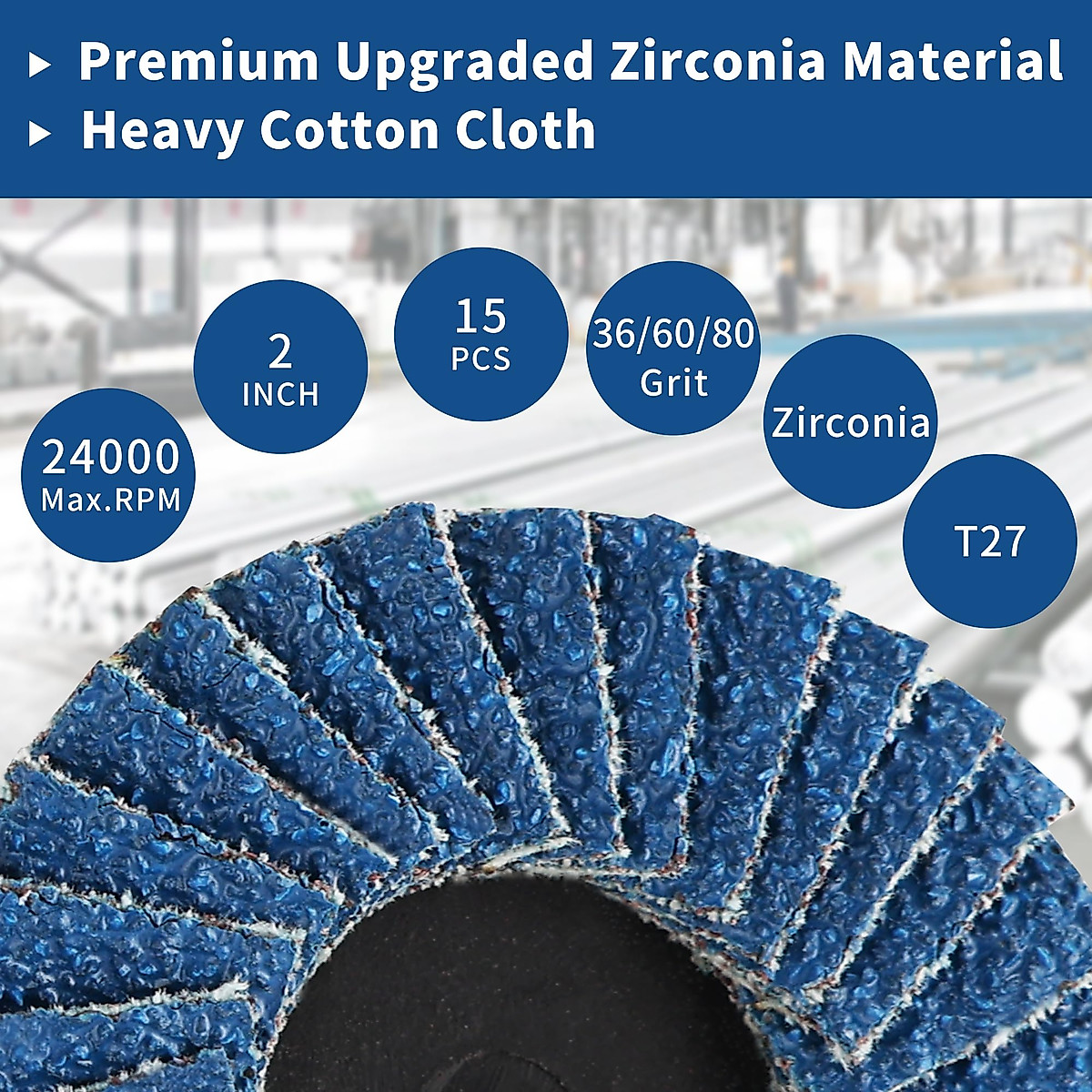 TSOAPX 15 PCS Flap Disc Set, 2" Zirconia Blue Flat Flap Discs Roll Lock Grinding Sanding Sandpaper Wheels Grit 36/60/80, Surface Prep Discs for Angle Grinder Strip Rust Paint Removal