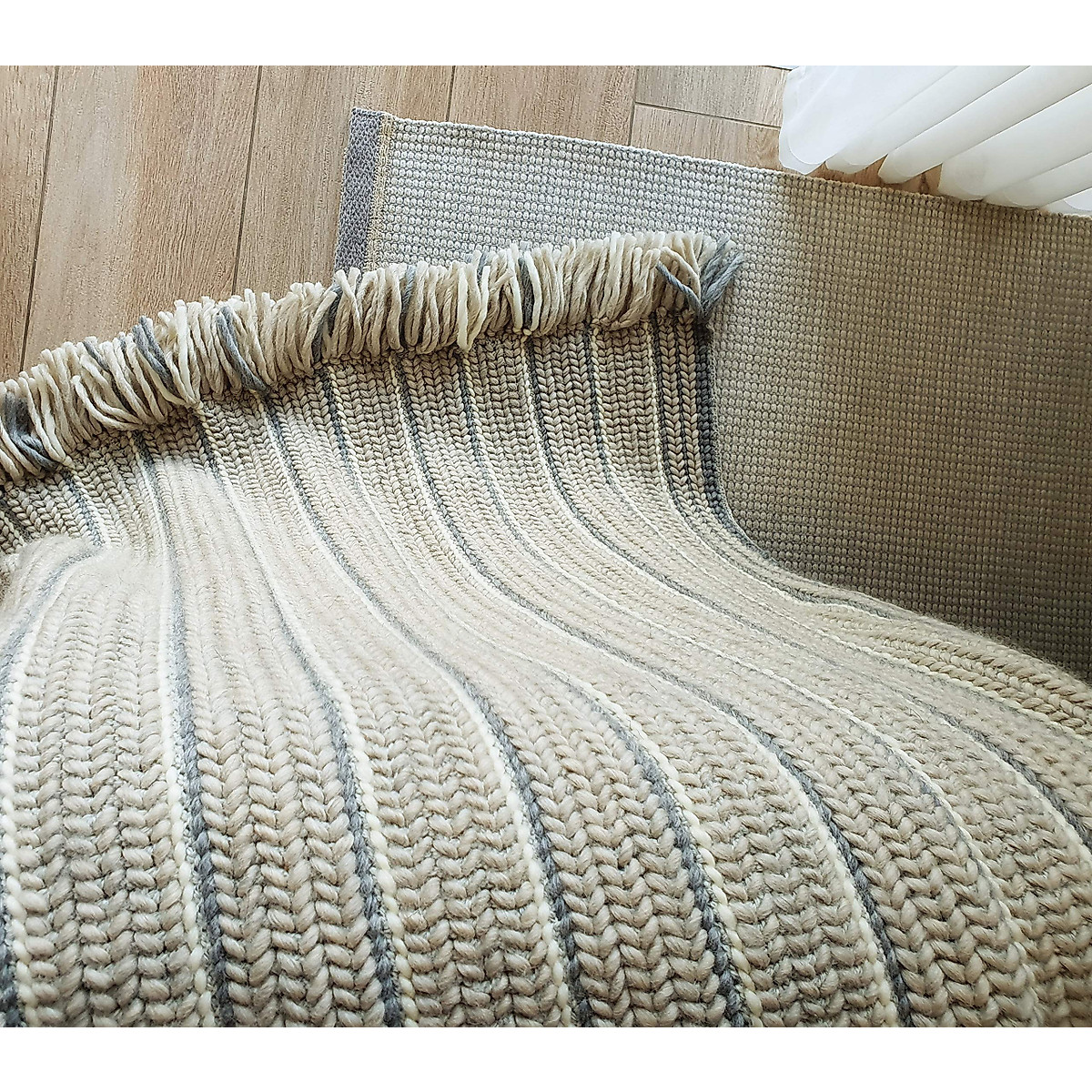 Crochet wool Blanket Gray Beige Warm throw blanket merino Knit Handmade Throw, 43x63 inches