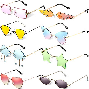 Juinte 8Pcs Irregular Sunglasses Set Heart Sunglasses Flame Cloud Butterfly Star Rimless Sunglasses Party Favors (Vibrant Style)