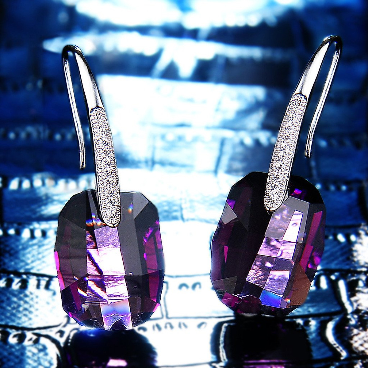 EleQueen 925 Sterling Silver CZ Rectangle Hook Drop Earrings Amethyst Color Made with Austrian Crystal for Women Girl, Valentine's Day/Mother's Day/Christmas Jewelry Gift for Girlfriend/Mom