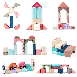Lewo 115 PCS Wooden Building Blocks with City Map Construction Building Sets City Building Blocks Stacking Blocks Preschool Educational Learning Toys for 3 4 5 6 Years Old Kids Boys Girls Children