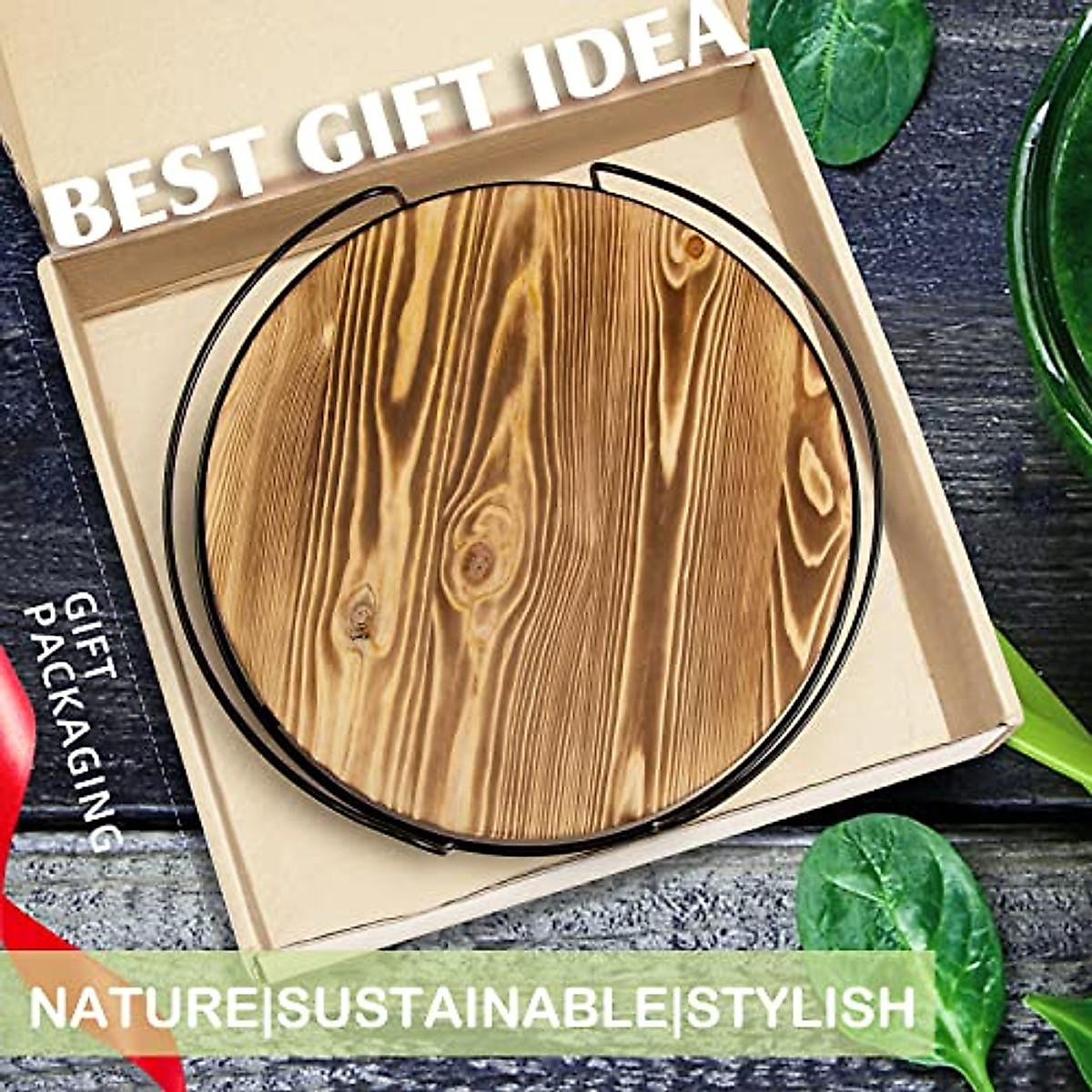 12 Inch Wood Lazy Susan Turntable for Table, Kitchen Rustic Turntable Organizer with Steel Frame, 360 Degree Decorative Turntable for Countertop Cabinet or Centerpieces