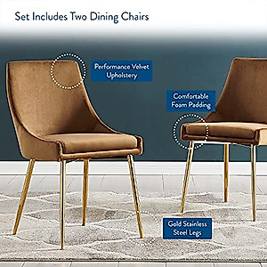 Modway Viscount Performance Velvet Upholstered Side Dining Chairs Set of 2, Gold Cognac