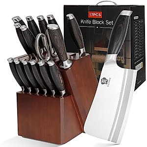 WILDMOK Kitchen Knife Block Set, 17-piece Knife Set with Wooden Block German Steel Kitchen Knives Sets with Bone Chopper, Gift Box