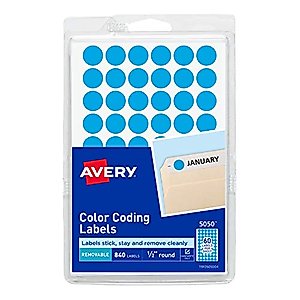 Avery Color-Coding Removable Labels, 1/2 Inch Round Stickers, Light Blue, Non-Printable, 840 Dot Stickers Total (5050)