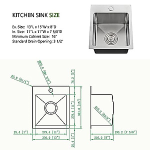 13x15 Stainless Steel Drop in Small Bar Sink, Swift Horse 13 Inch 16Guage Stainless Steel Topmount Small Bar Sinks Outdoor Sink Rv Sinks Small Prep Bar Sink