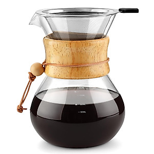 COPOTEA Pour Over Coffee Maker with Double Layer Stainless Steel Filter, 28oz / 800ml Coffee Dripper Brewer, Borosilicate Glass Coffee Carafe,Wooden Collar