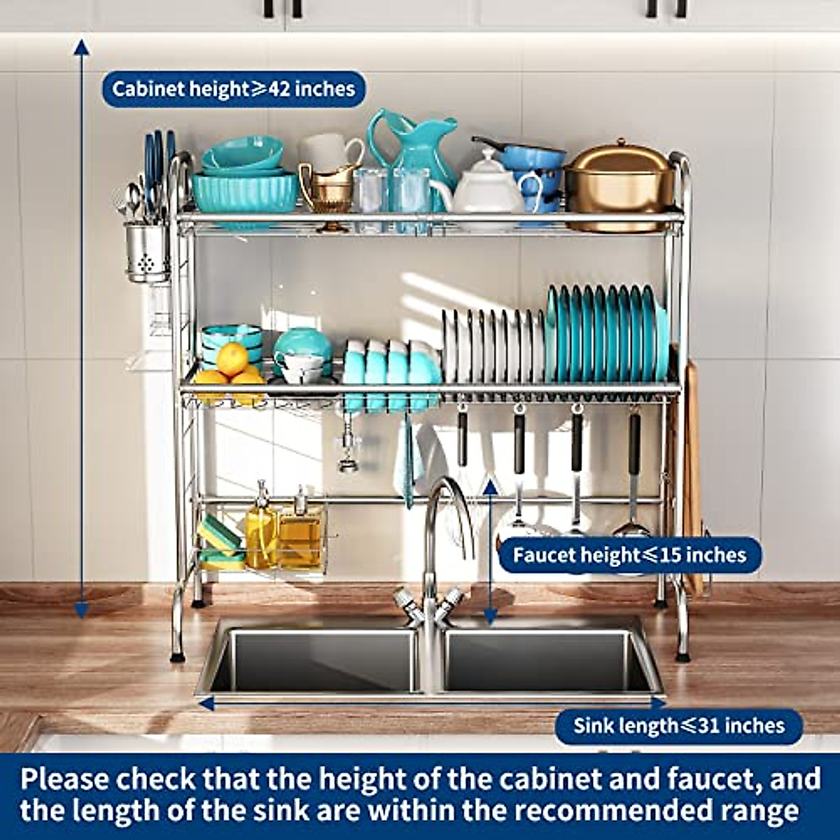 MOUKABAL Over The Sink Dish Drying Rack, Over Sink Dish Drying Rack with 2 Tier Utensil Holder,Large Stainless Steel Dish Racks for Kitchen Counter(fit≤33" Sink)