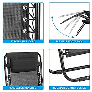 Dkeli Zero Gravity Chair, Adjustable Reclining Patio Chair with Cup Holder & Pillows Folding Lawn Chaise Outdoor Lounge Chair for Pool, Beach, Deck, Yard - Black Zero Gravity Lounge Chair