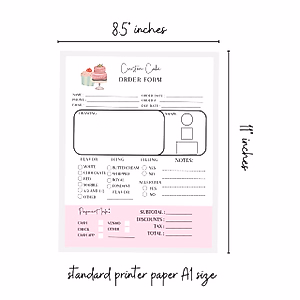 Custom Cake Order Form Sheets | 50 pk | for Bakers Dessert Wedding Birthday Party Cake Form Book Bakers Supplies Small Business Planner 8.5x11” inches