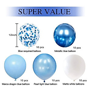 Royal Blue Metallic Blue Confetti Balloons, 50pcs 12 inch Baby Blue Light Blue and White Party Balloons for Boy Baby Shower Men's Birthday Graduation Wedding Party Decoration…