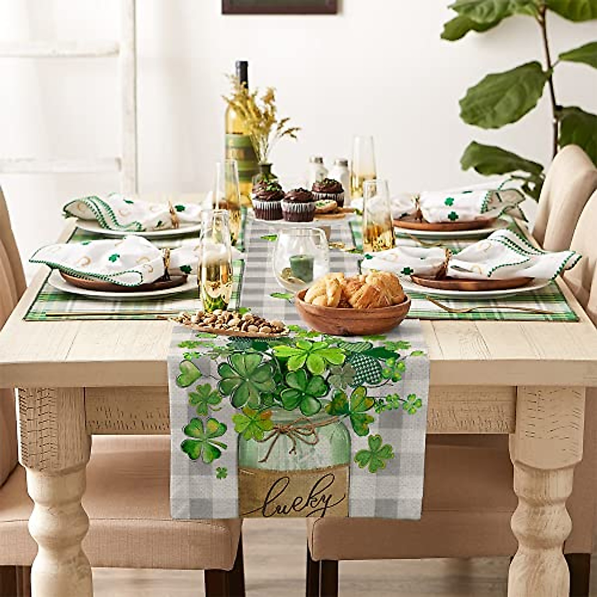 ARKENY St Patricks Day Lucky Green Shamrock Table Runner 72 Inches, Vase Buffalo Plaid Spring Seasonal Holiday Decor for Dining Table Indoor Home Farmhouse Tabletop Decoration AT387