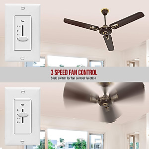 ENERLITES 3 Speed In Wall Ceiling Fan Control, Slide switch, 120VAC, 2.5A, Single-Pole, No Neutral Wire Required, 17000-F3-W-F, White