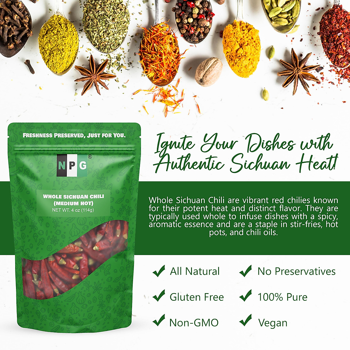 NPG Sichuan Red Chili Peppers 4 Ounces, Medium Hot, Capsicum Annuum Used in Mexican, Chinese, Thai Dishes, Premium Szechuan Dried Red Chilies for Chili Oil, Paste, and Sauce